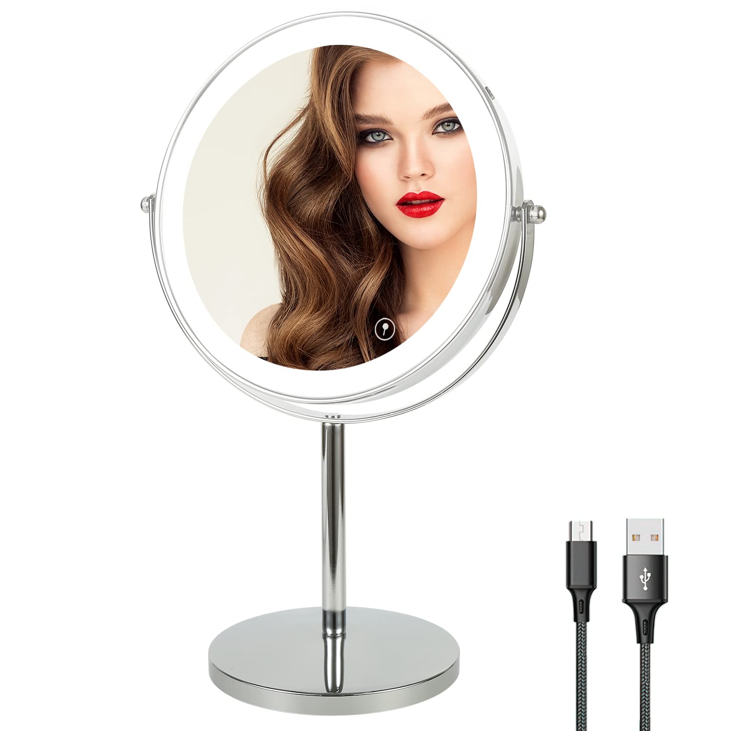 8" Lighted Makeup Mirror with Magnification, 1X/10X Magnifying Mirror with Light, Double Sided 360° Cordless Rechargeable, 3 Colors Brightness Adjustable Makeup Mirror with Lights with 52 LED(Silver)