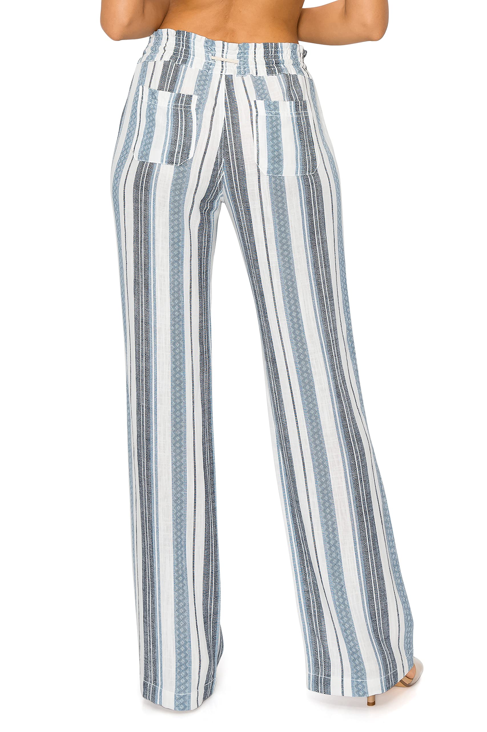 Cali1850 Women's Casual Linen Pants 32" Inseam Oceanside Drawstring Smocked Waist Lounge Beach Pants with Pockets Navy Ivory Large