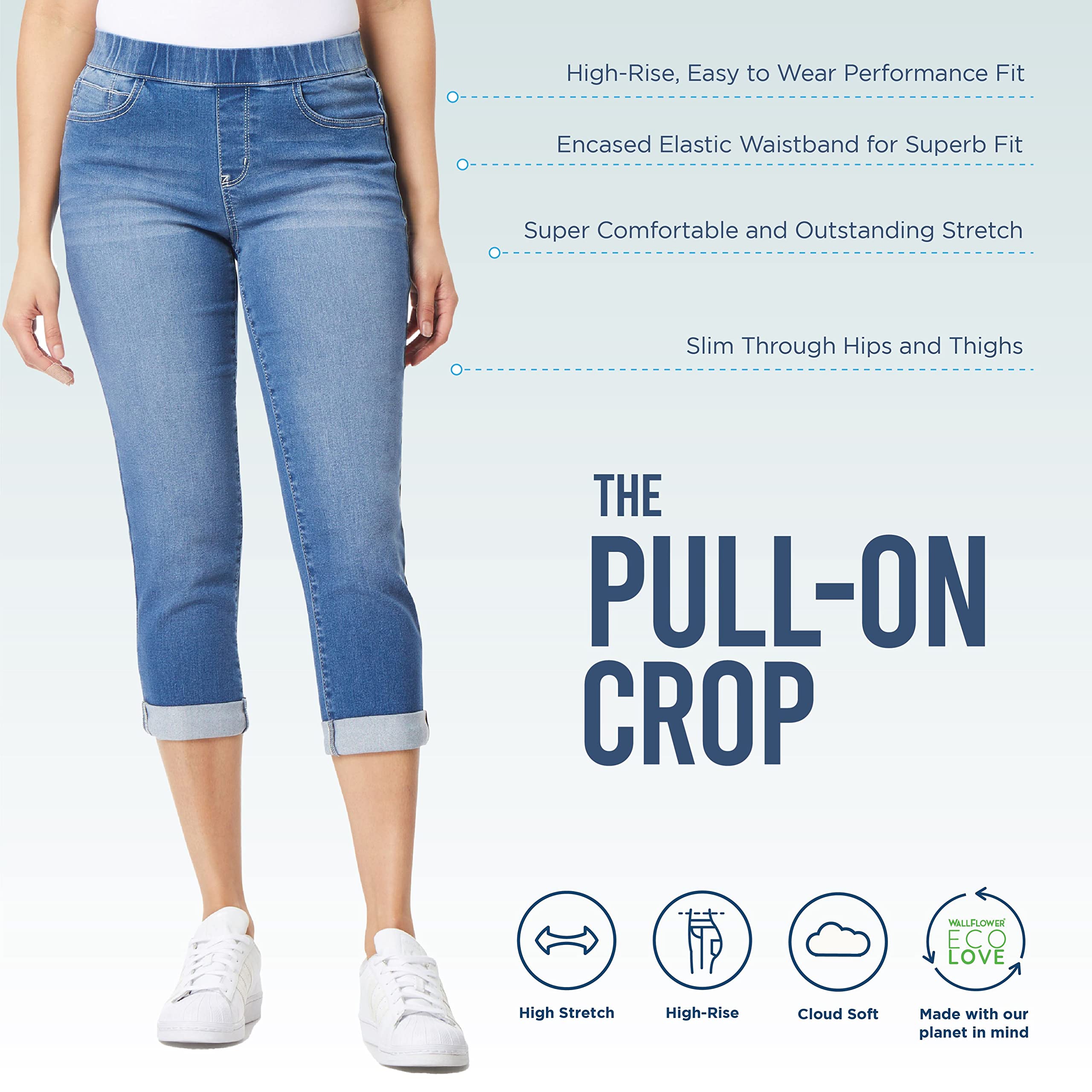 WallFlower Women's Pull On Denim Cropped High-Rise Insta Soft Juniors Jeans, Noir Ankle, 13