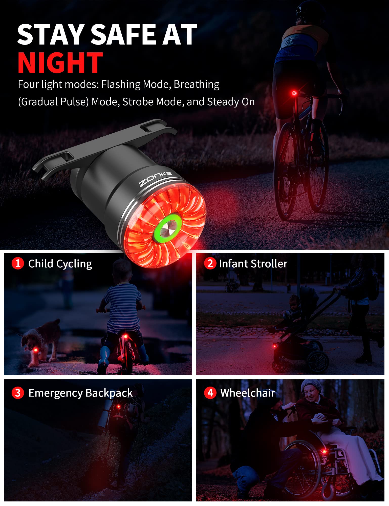 Smart Bike Tail Light with Automatic Brake Detection, USB Rechargeable, Ultra Bright LED Taillight for Night Riding and Bicycle Safety, Waterproof Back Taillights for Road Cycling