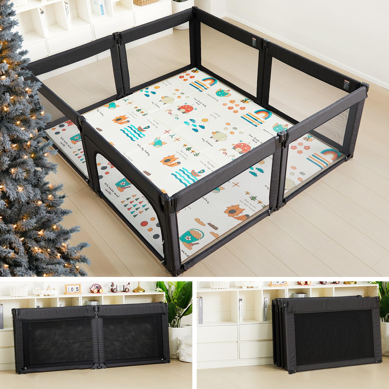 COSOLA Baby Playpen for Toddlers, Foldable Playpen Safe Anti-Fall Play Yard, Visible Mesh Play Pen with Zipper Gate, Baby Fence Play Area with Pull-up Rings, Adjustable Baby Play Yards, Black 71x59