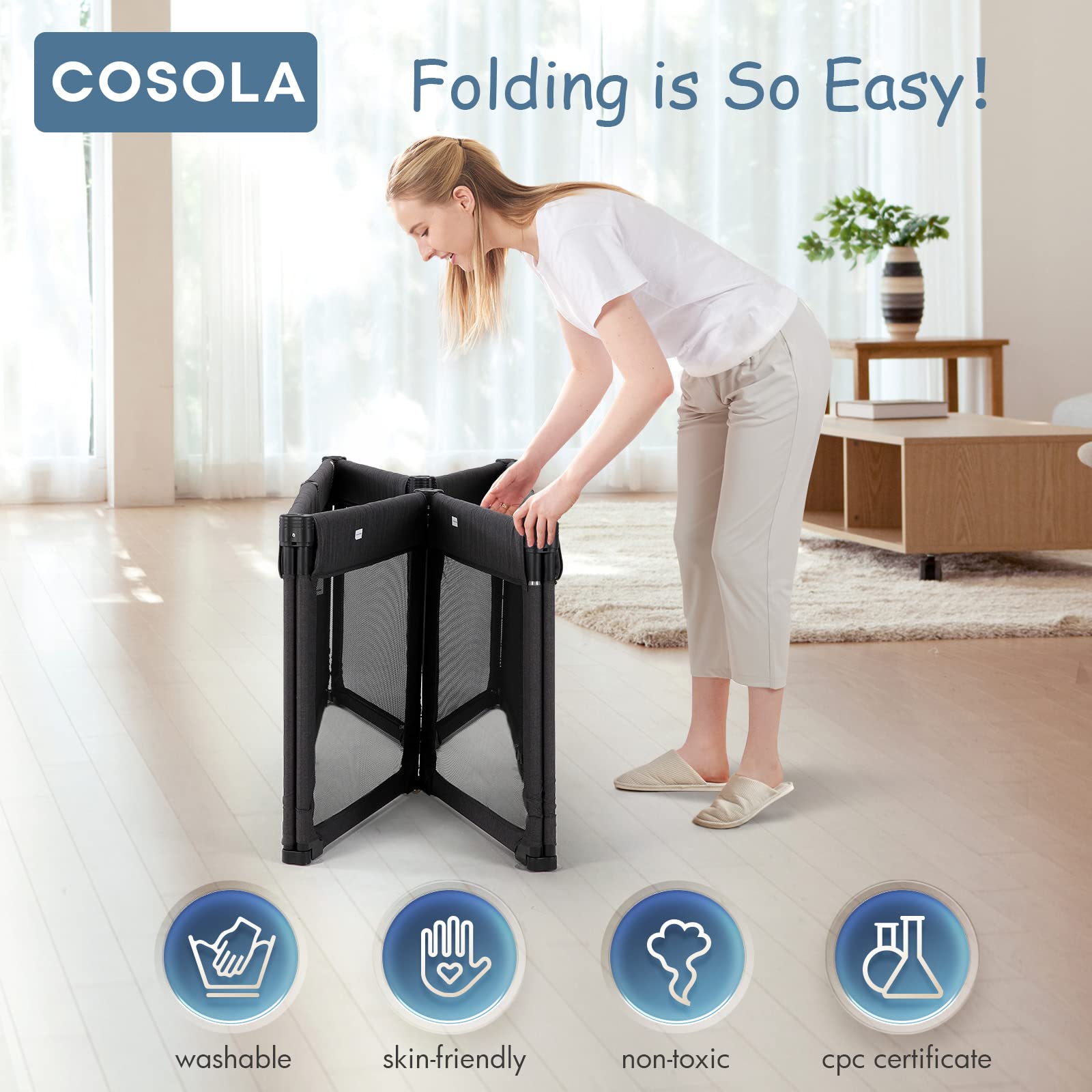 COSOLA Baby Playpen for Toddlers, Foldable Playpen Safe Anti-Fall Play Yard, Visible Mesh Play Pen with Zipper Gate, Baby Fence Play Area with Pull-up Rings, Adjustable Baby Play Yards, Black 71x59