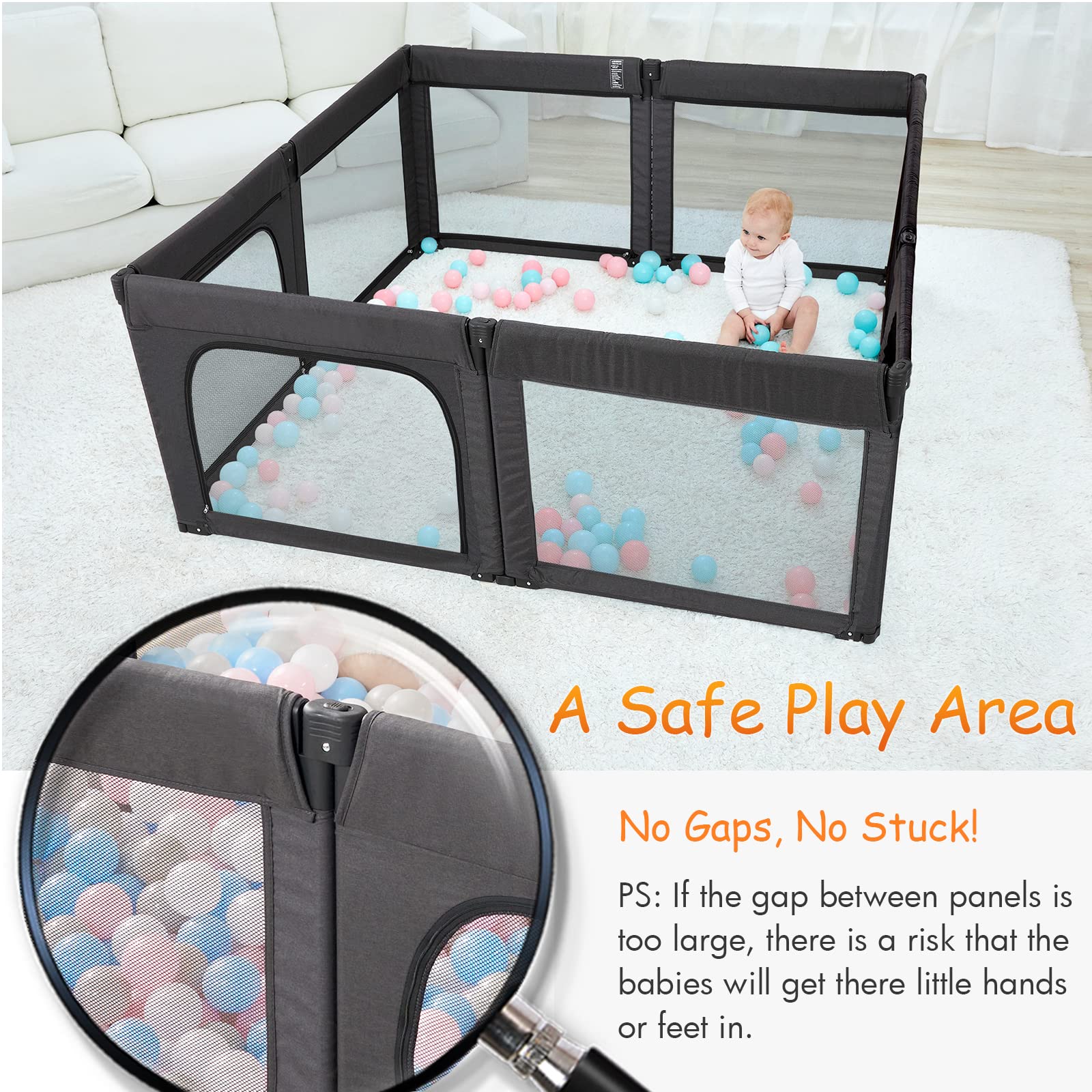 COSOLA Baby Playpen for Toddlers, Foldable Playpen Safe Anti-Fall Play Yard, Visible Mesh Play Pen with Zipper Gate, Baby Fence Play Area with Pull-up Rings, Adjustable Baby Play Yards, Black 71x59