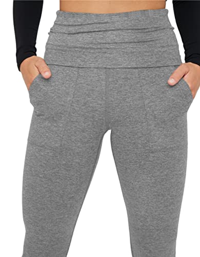 Aurgelmir Womens Flare Yoga Pants High Waisted Foldover Workout Leggings with Pockets Tummy Control Bell Bottom Pants Grey