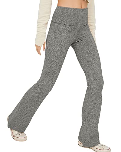 Aurgelmir Womens Flare Yoga Pants High Waisted Foldover Workout Leggings with Pockets Tummy Control Bell Bottom Pants Grey