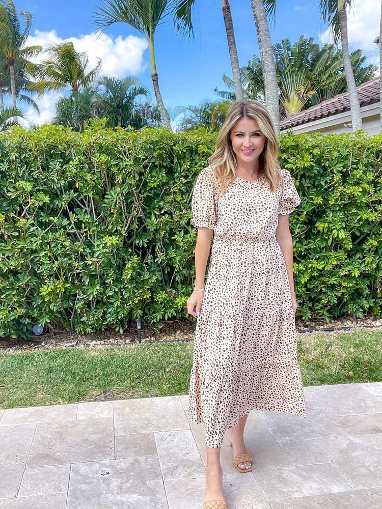 GRECERELLE Women Dress, Summer Casual Loose Crew Neck Boho, Leopard Dot Ruffle Puff Sleeve, High Waist Midi Beach Dress