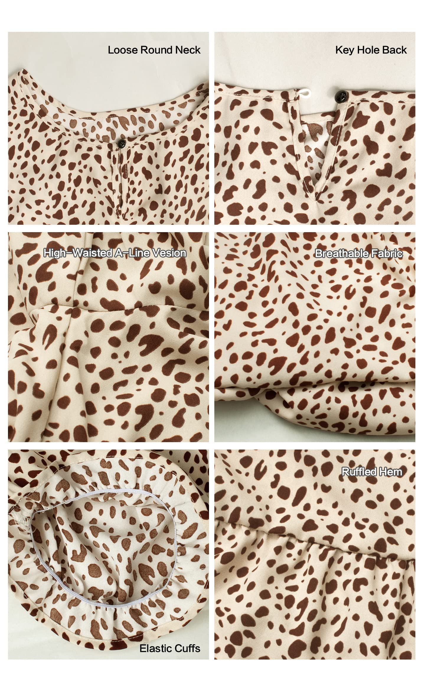 GRECERELLE Women Dress, Summer Casual Loose Crew Neck Boho, Leopard Dot Ruffle Puff Sleeve, High Waist Midi Beach Dress