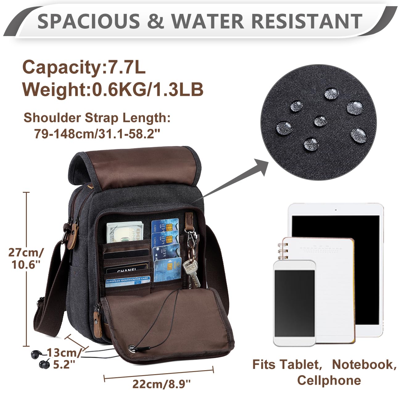 VASCHY Messenger Bag Small, Leather Canvas Water Resistant Crossbody Shoulder Bag Purse for Men and Women Dark Gray