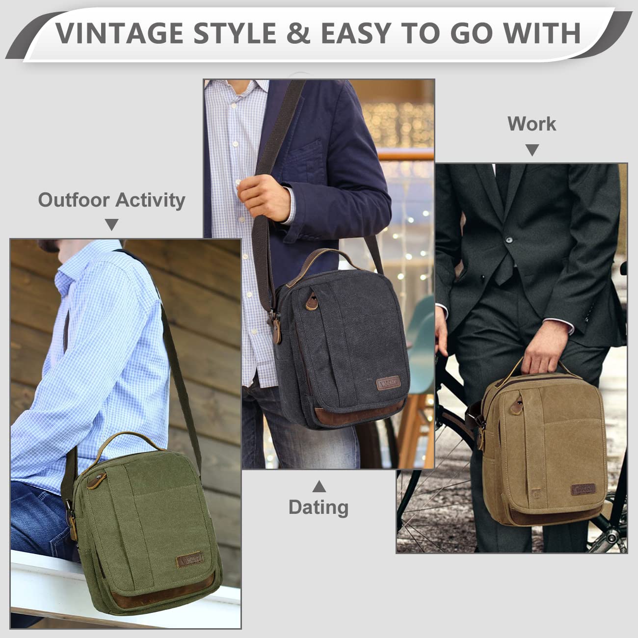 VASCHY Messenger Bag Small, Leather Canvas Water Resistant Crossbody Shoulder Bag Purse for Men and Women Dark Gray