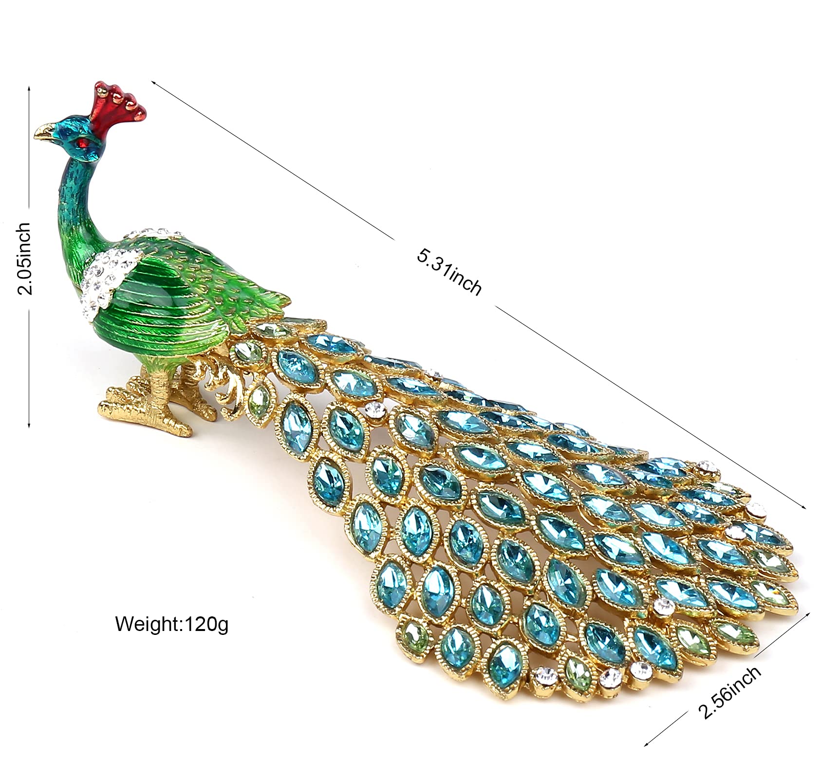 Ingbear Green Peacock Figurine Hinged Trinket Box For Women, Unique Gift for Mother's Day, Home Decor with Rhinestone and Crystal, Hand-Plated Enameled Jewelry Box