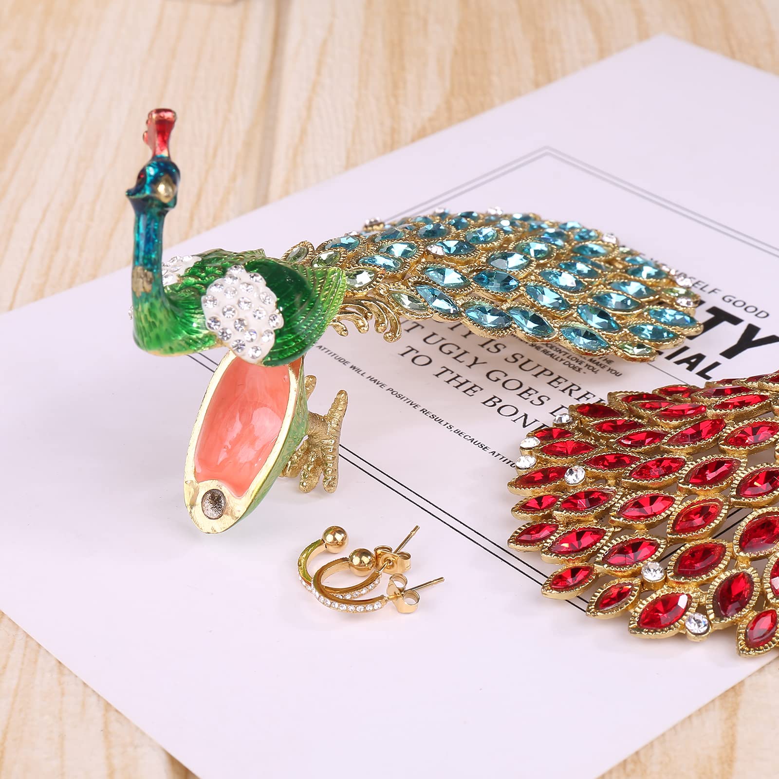 Ingbear Green Peacock Figurine Hinged Trinket Box For Women, Unique Gift for Mother's Day, Home Decor with Rhinestone and Crystal, Hand-Plated Enameled Jewelry Box