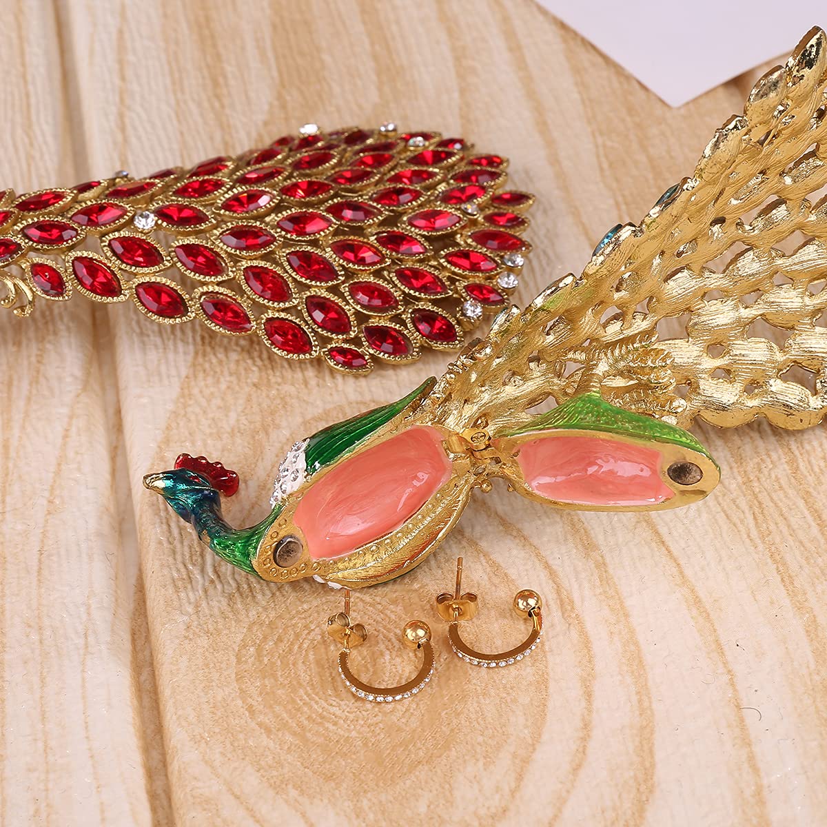 Ingbear Green Peacock Figurine Hinged Trinket Box For Women, Unique Gift for Mother's Day, Home Decor with Rhinestone and Crystal, Hand-Plated Enameled Jewelry Box