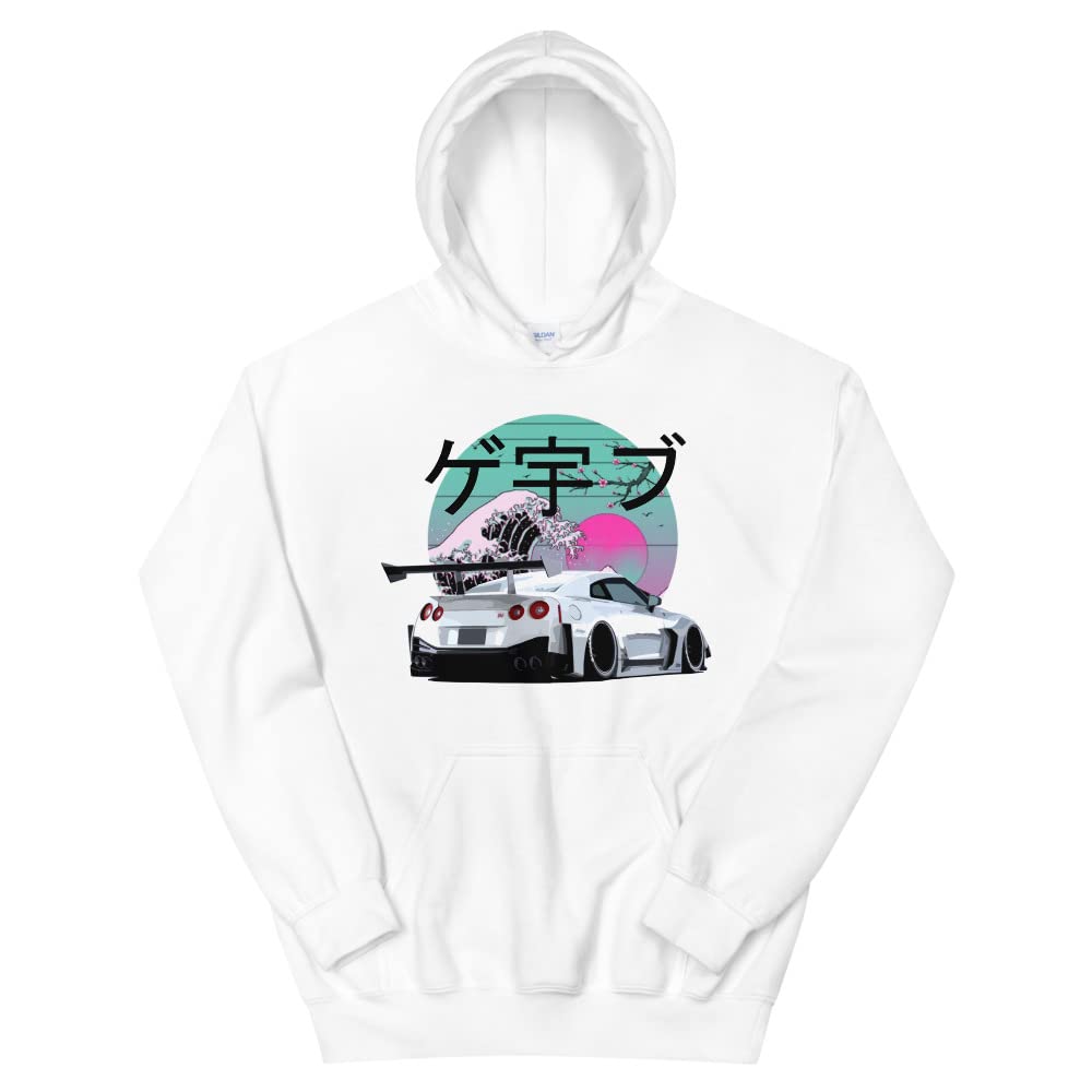 JG Infinite Vaporwave Aesthetic R35 GTR GT-R Skyline Tuner Drift Racing Unisex Hoodie White
