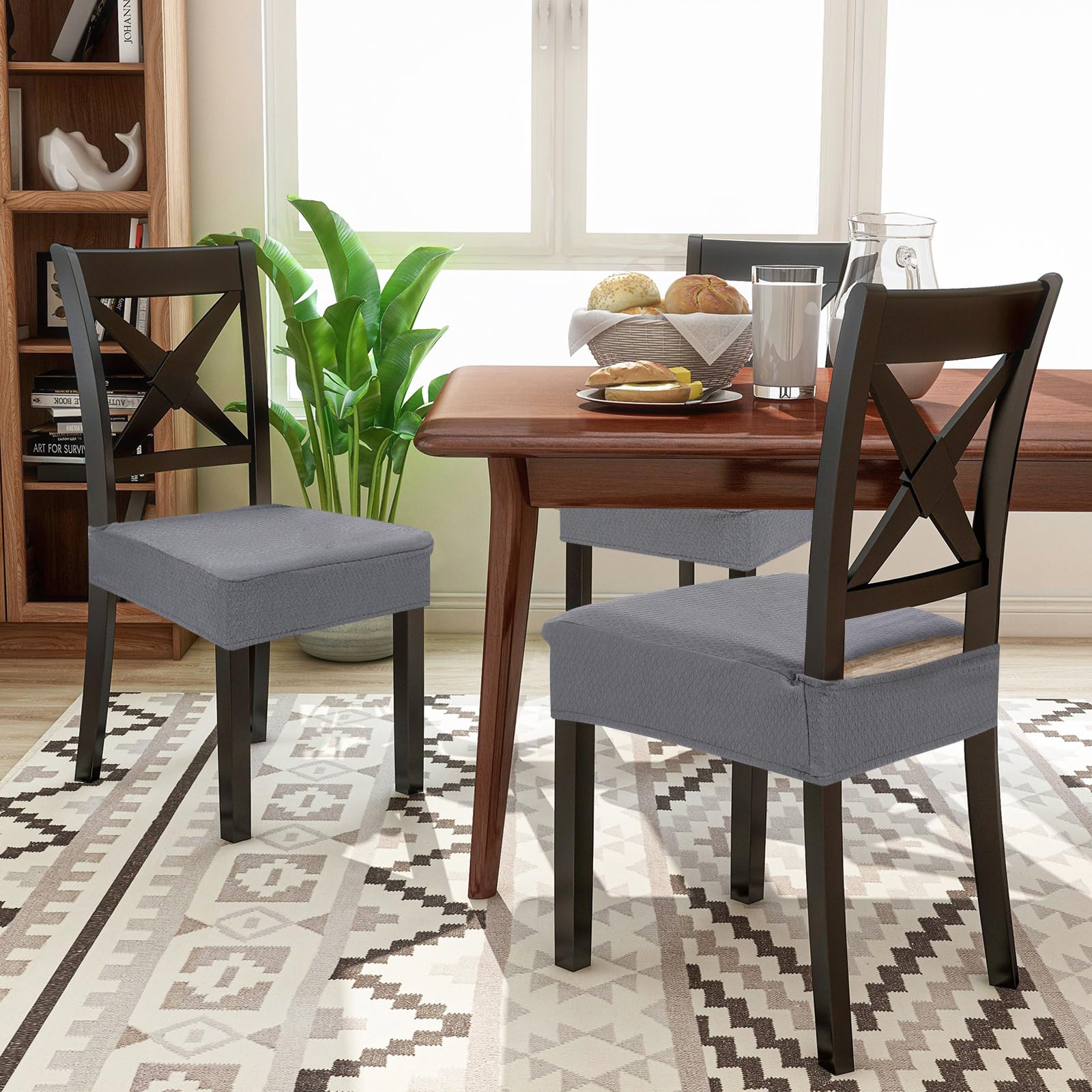 Smiry Waterproof Seat Covers for Dining Room Chairs Set of 2, Stretch Jacquard Removable Washable Chair Seat Slipcovers Protector, No Rear Covers, Grey