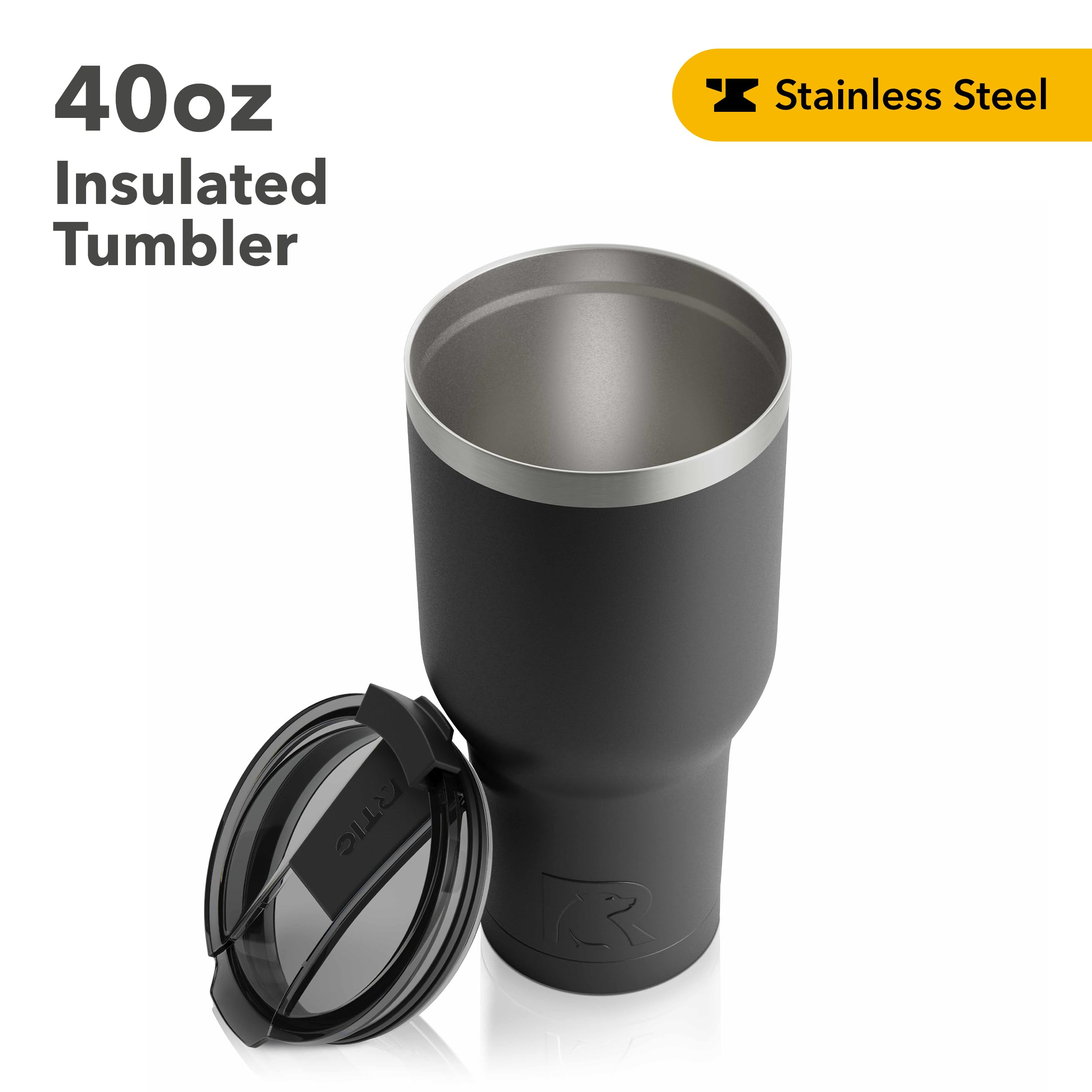 RTIC 40 oz Insulated Tumbler Stainless Steel Coffee Travel Mug with Lid, Spill Proof, Hot Beverage and Cold, Portable Thermal Cup for Car, Camping, Black