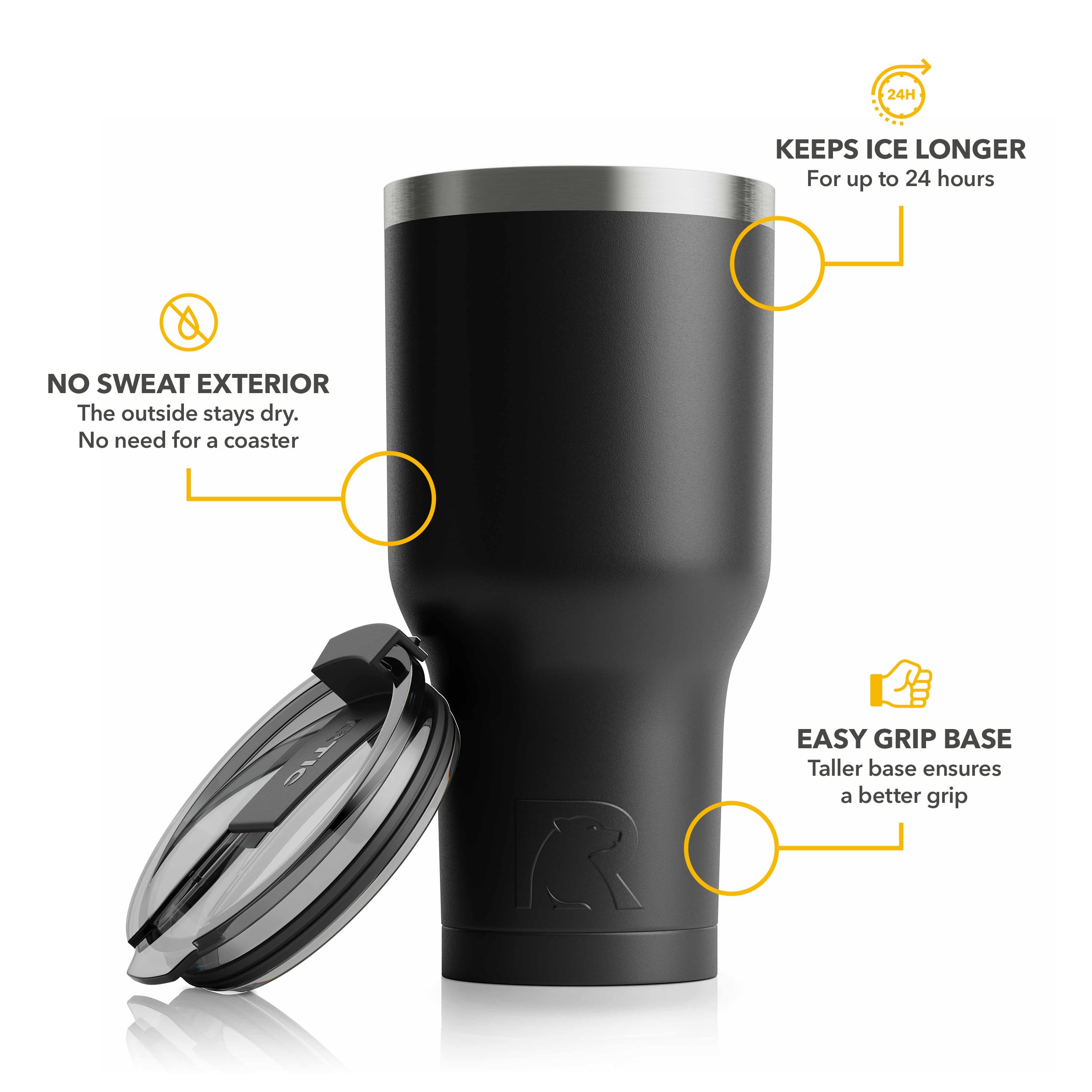 RTIC 40 oz Insulated Tumbler Stainless Steel Coffee Travel Mug with Lid, Spill Proof, Hot Beverage and Cold, Portable Thermal Cup for Car, Camping, Black