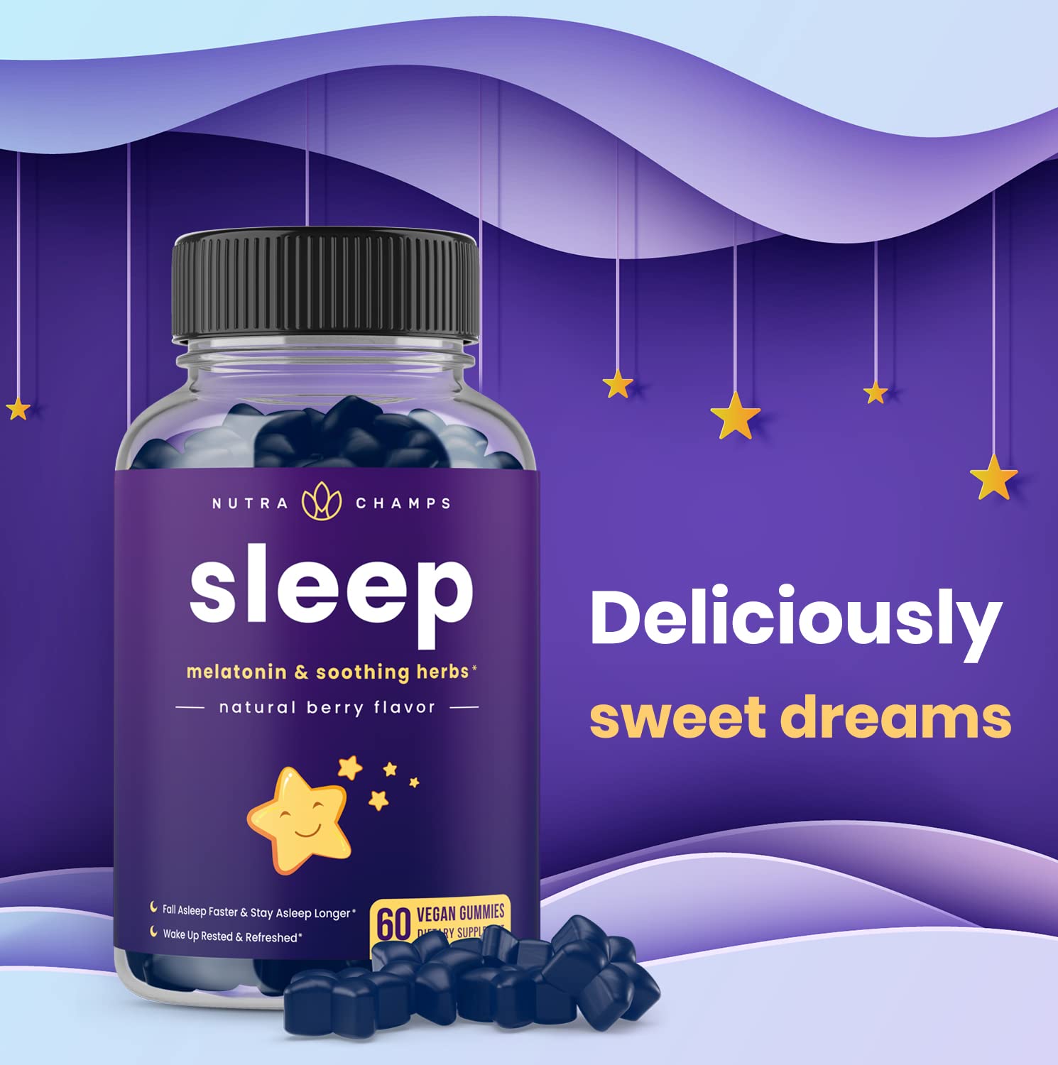 NutraChamps Sleep Gummies for Adults & Kids | Melatonin Gummies with Chamomile, Valerian & L Theanine | Safe & Effective for Kids & Adults | Vegan Childrens Melatonin 3mg, 1.5 mg, or 6mg