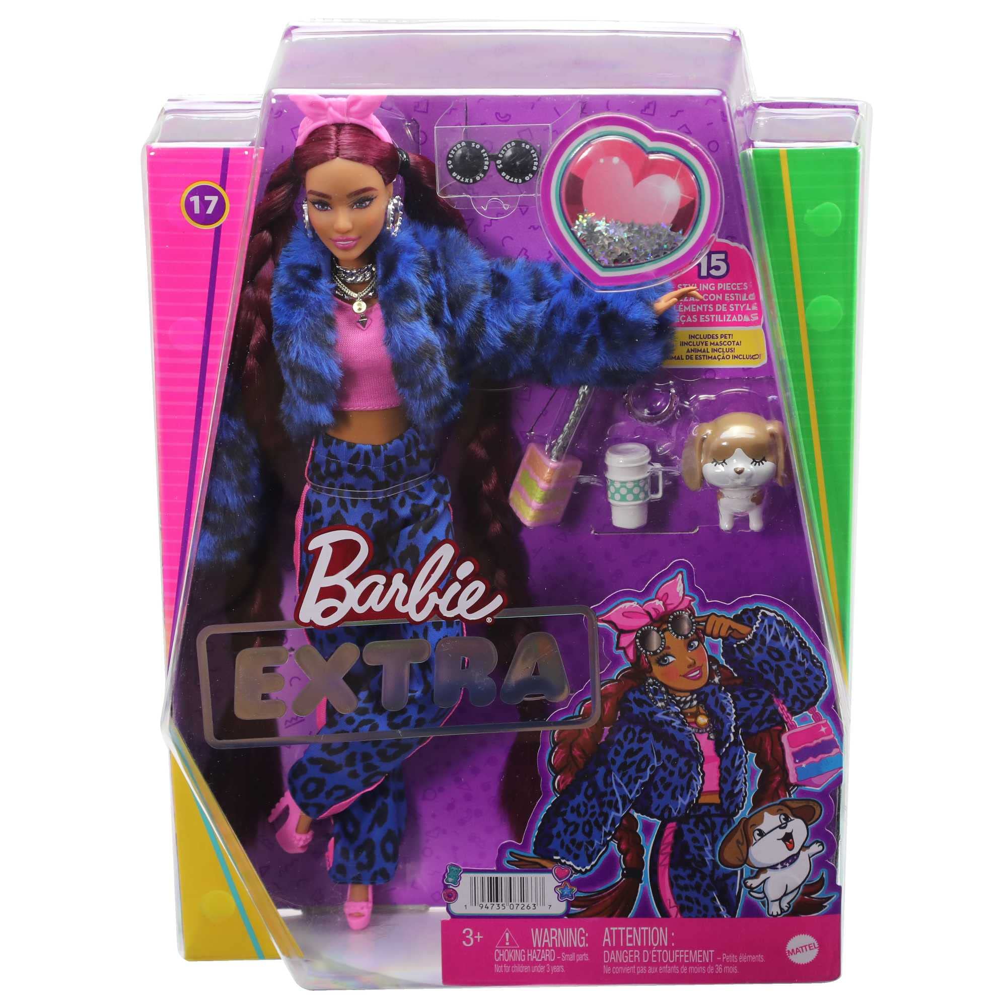 Barbie Extra Doll and Accessories with Burgundy Braids Dressed in Furry Jacket with Pet Puppy