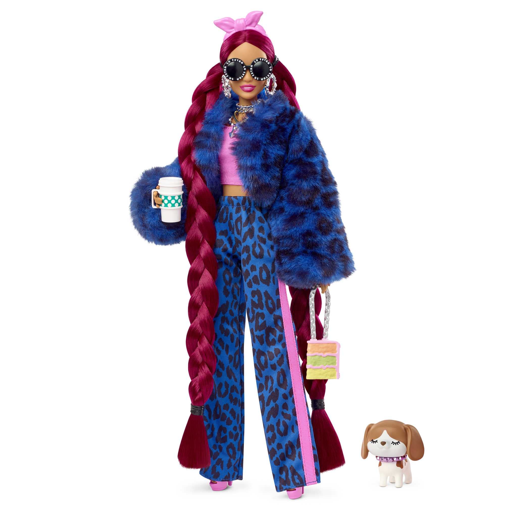 Barbie Extra Doll and Accessories with Burgundy Braids Dressed in Furry Jacket with Pet Puppy