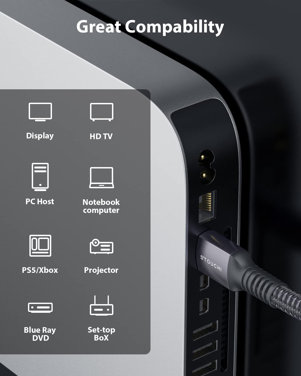 Stouchi 8K HDMI Cables 2-Pack 6FT, (Certified) 48Gbps Ultra High Speed HDMI® 2.1 Cord, 10K 8K@60Hz 4K@120Hz 144Hz, HDCP 2.2&2.3 SBTM Dynamic HDR eARC Compatible with Apple TV 4K/Roku TV/PS5/Blu-ray