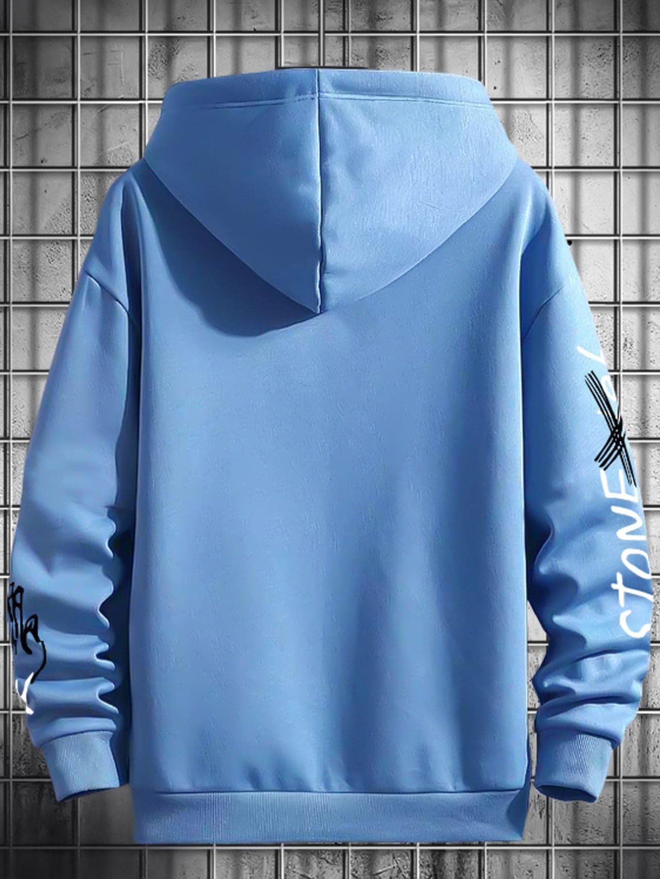 WDIRARA Men's Cartoon Letter Graphic Drawstring Hoodie Long Sleeve Pocket Sweatshirts Blue L