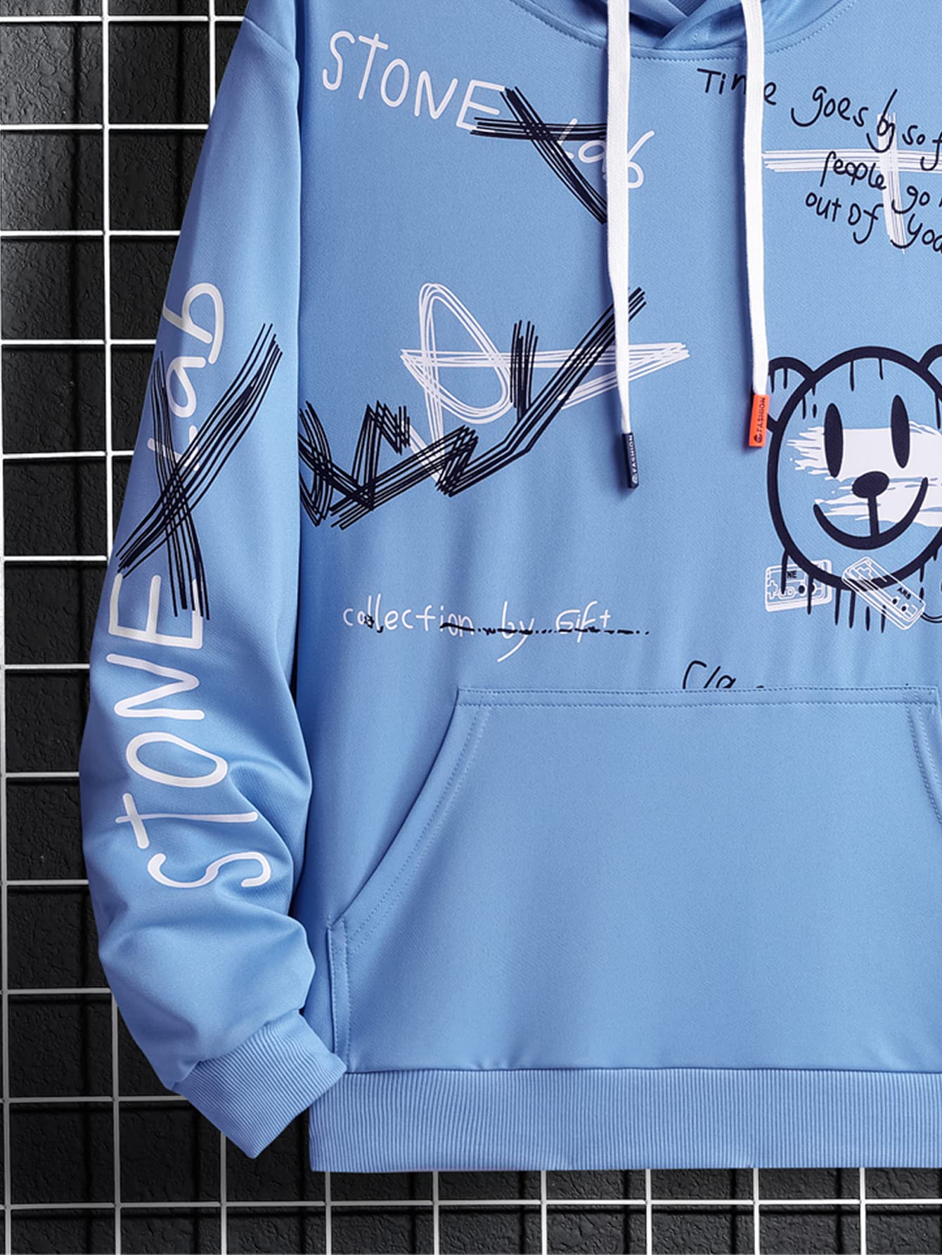 WDIRARA Men's Cartoon Letter Graphic Drawstring Hoodie Long Sleeve Pocket Sweatshirts Blue L