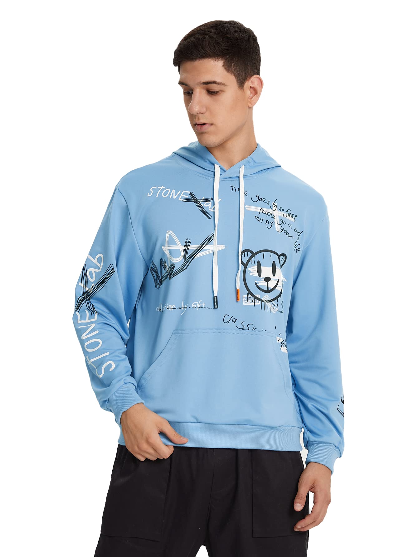 WDIRARA Men's Cartoon Letter Graphic Drawstring Hoodie Long Sleeve Pocket Sweatshirts Blue L
