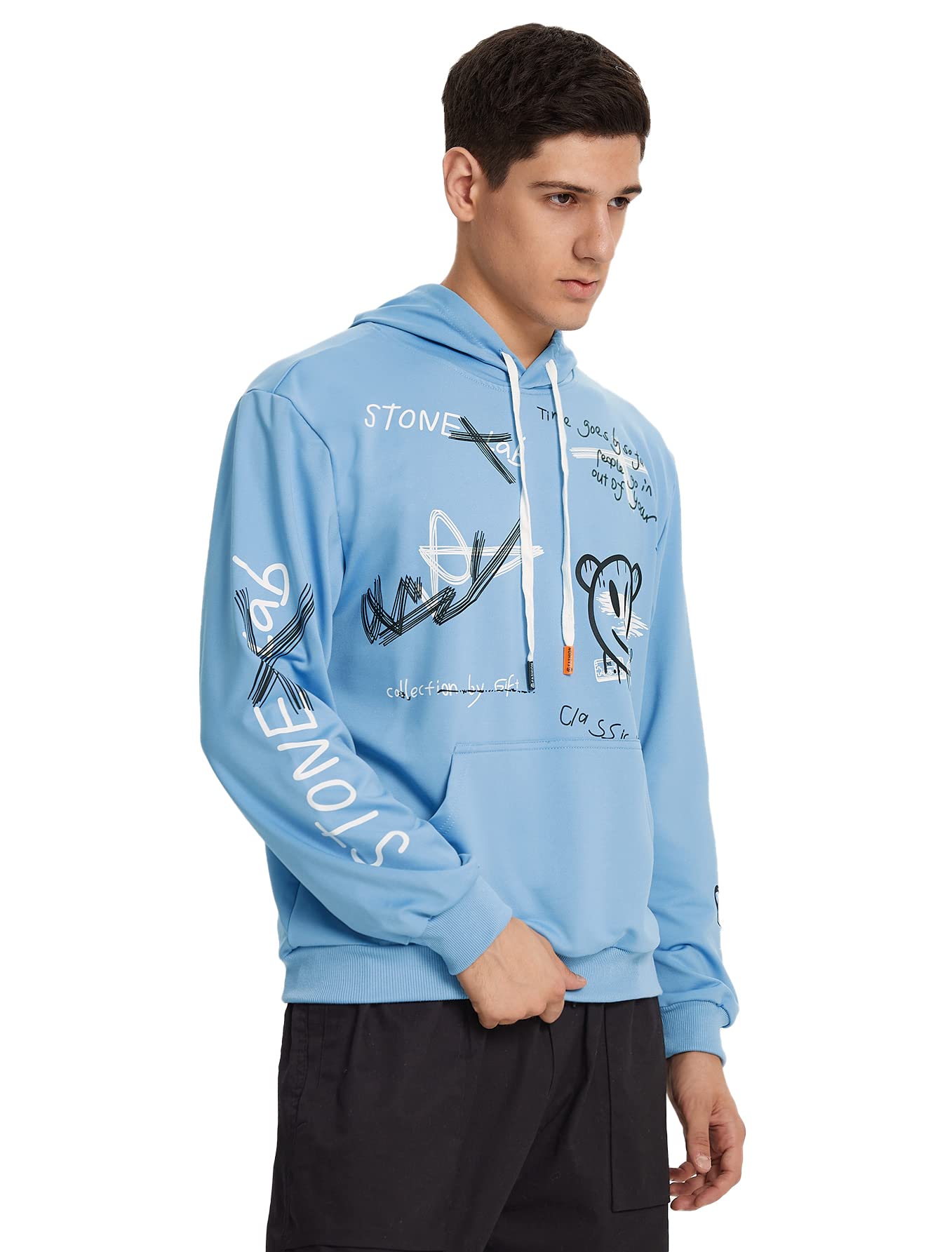 WDIRARA Men's Cartoon Letter Graphic Drawstring Hoodie Long Sleeve Pocket Sweatshirts Blue L