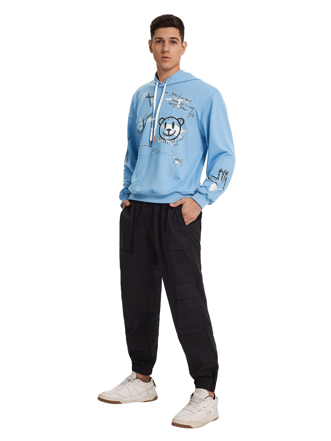WDIRARA Men's Cartoon Letter Graphic Drawstring Hoodie Long Sleeve Pocket Sweatshirts Blue L