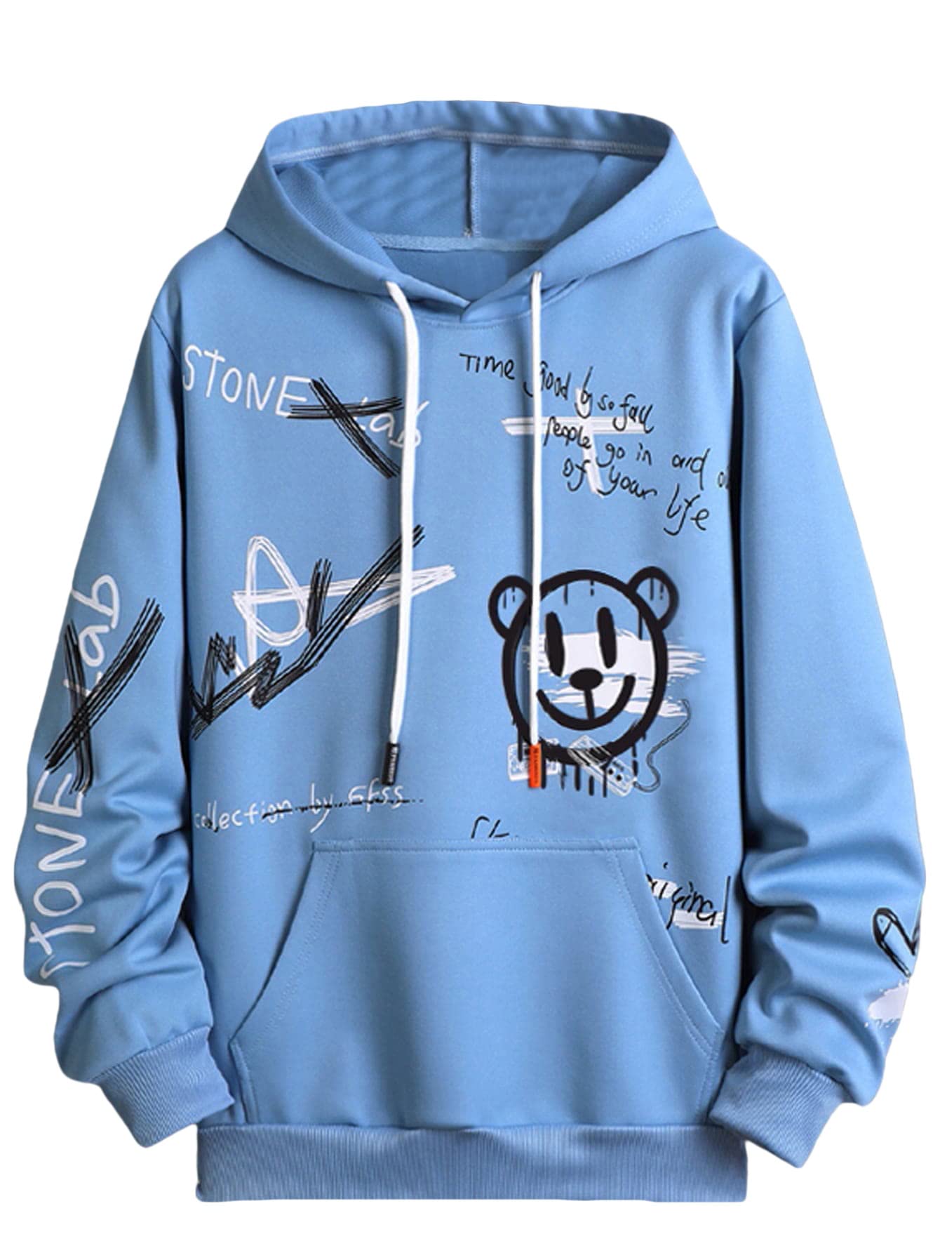 WDIRARA Men's Cartoon Letter Graphic Drawstring Hoodie Long Sleeve Pocket Sweatshirts Blue L