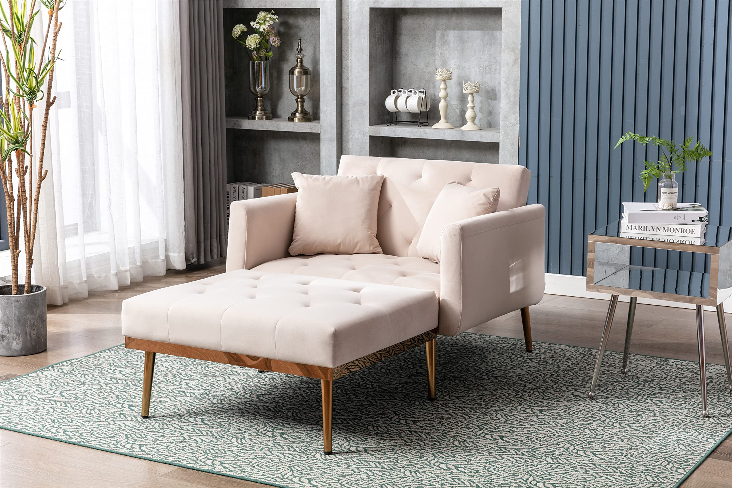 PHOYAL Velvet Chaise Lounges,Modern Tufted 2 in 1 Chaise Lounge Chair Indoor,Upholstered Sofa Recliner Lounge Chair with 3 Adjustable Angles, Convertible Sleeper Chair for Living Room Bedroom(Beige)
