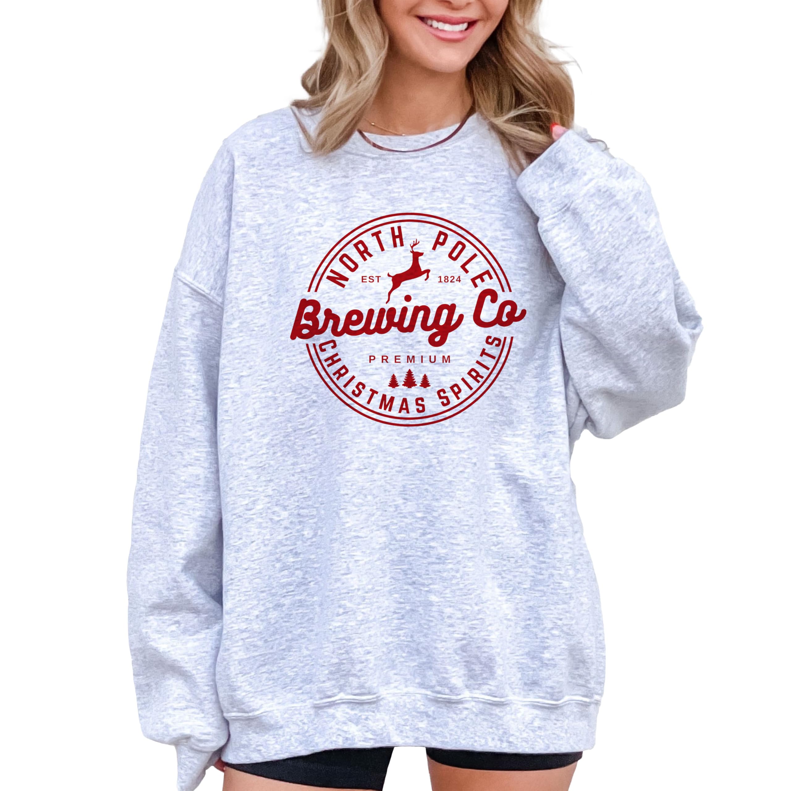 North Pole Brewing Co. Christmas Sweatshirt - Funny Graphic Sweatshirts for Women, Holiday Christmas Sweater, Comfy Pullover (Ash, Medium)