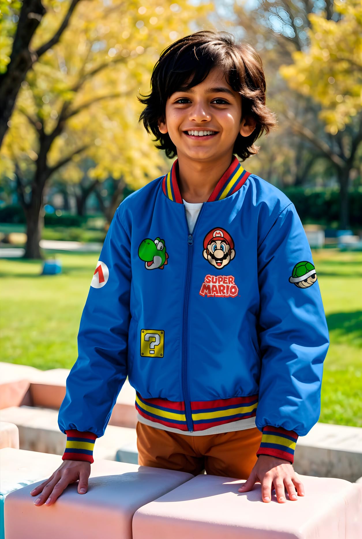 Nintendo Super Mario Bomber Jacket for Boys, Mario and Luigi Bomber Jacket (Mario Blue, Size 8)