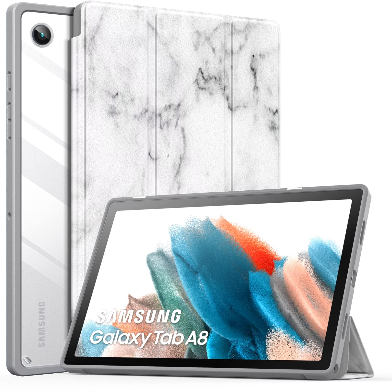 MoKo Case Fits Samsung Galaxy Tab A8 10.5 Inch 2022 (SM-X200/SM-X205/SM-X207), Tablet Case Transparent Back Cover with Auto-Wake Fit Samsung Galaxy Tab A8 2022, Marble White