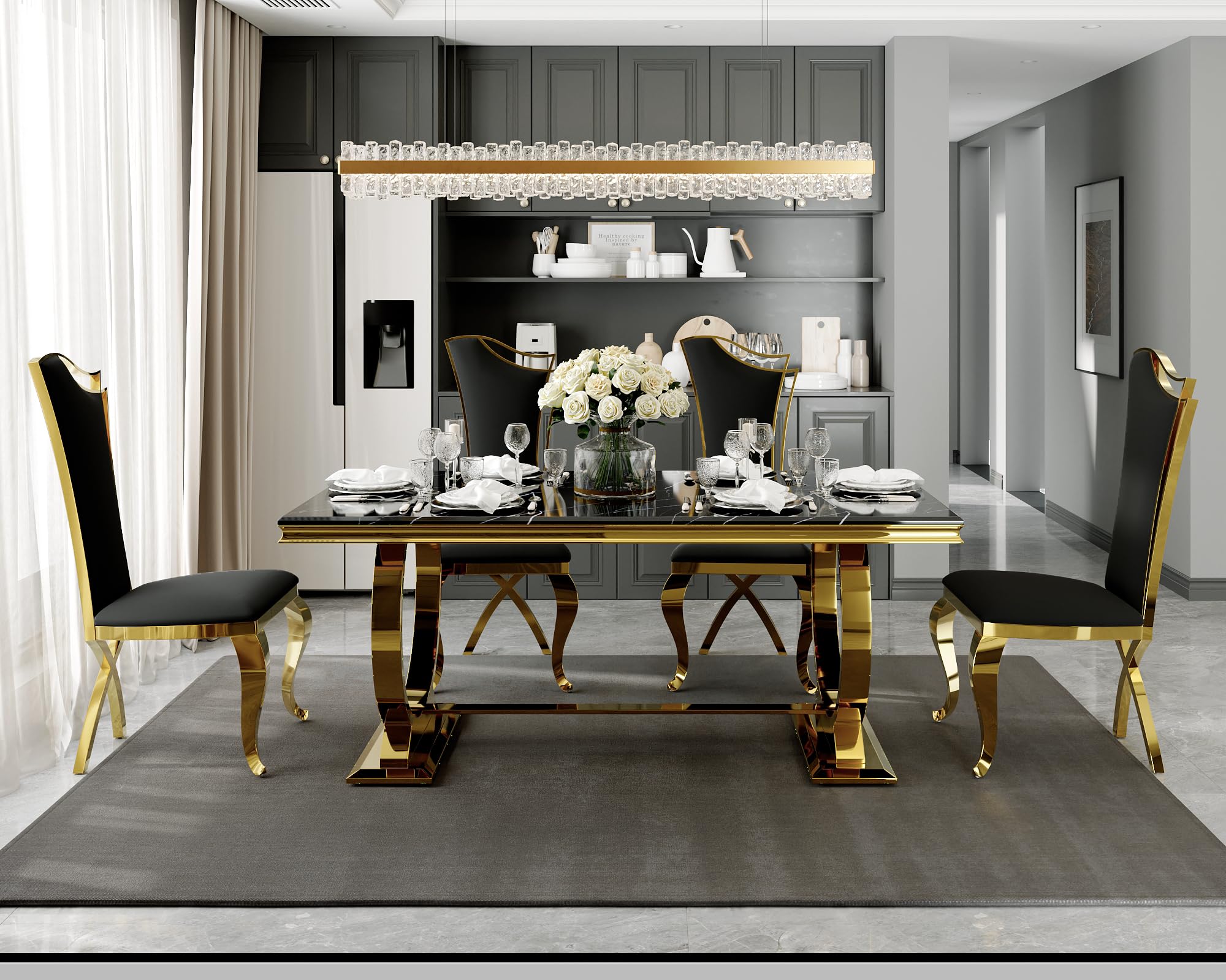 ACEDÉCOR Modern Dining Room Table with Gold Stainless Steel Metal U-Base in Black Gold