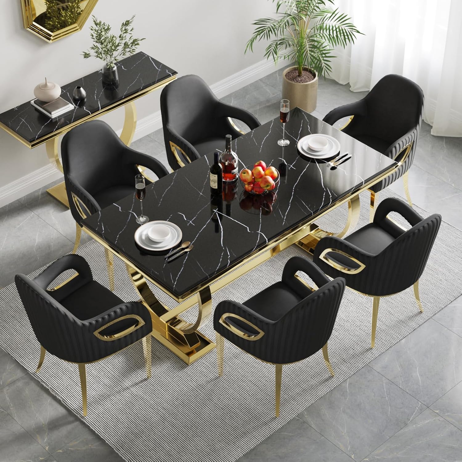 ACEDÉCOR Modern Dining Room Table with Gold Stainless Steel Metal U-Base in Black Gold