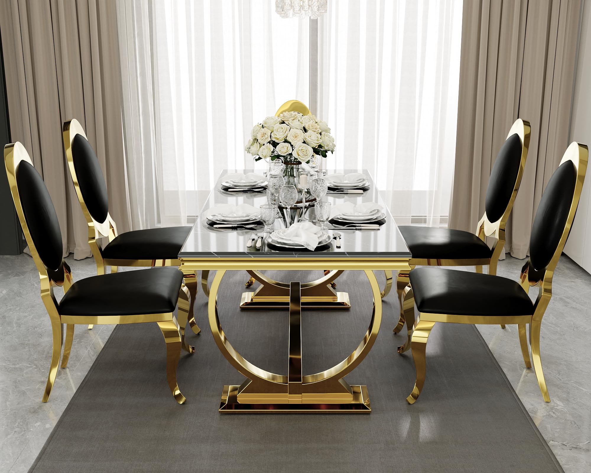 ACEDÉCOR Modern Dining Room Table with Gold Stainless Steel Metal U-Base in Black Gold