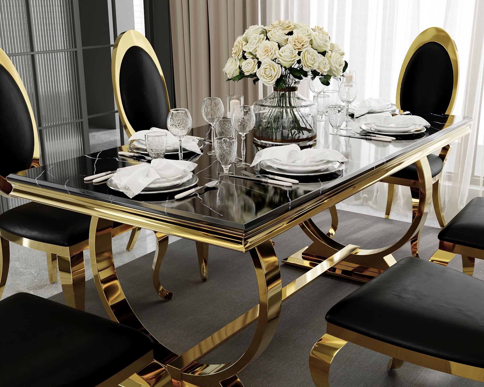 ACEDÉCOR Modern Dining Room Table with Gold Stainless Steel Metal U-Base in Black Gold