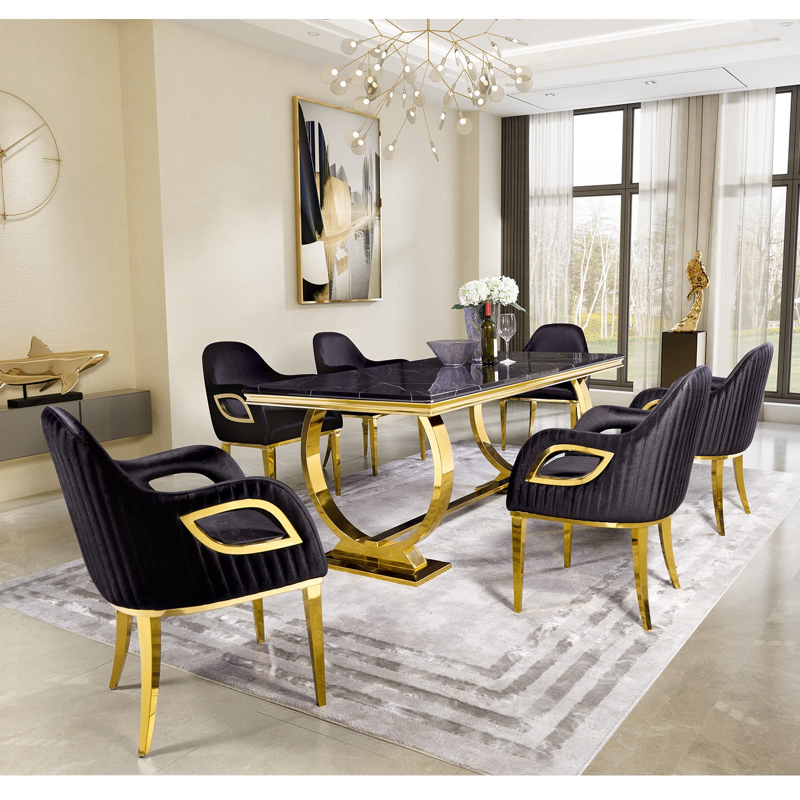 ACEDÉCOR Modern Dining Room Table with Gold Stainless Steel Metal U-Base in Black Gold