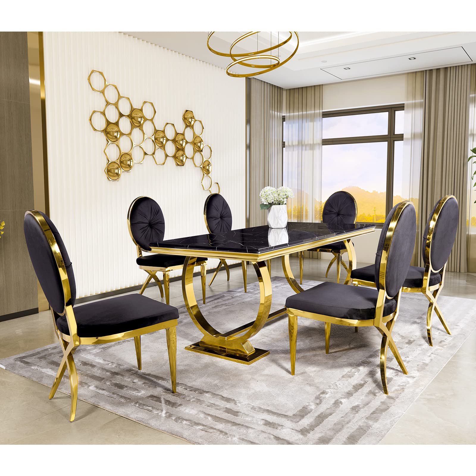 ACEDÉCOR Modern Dining Room Table with Gold Stainless Steel Metal U-Base in Black Gold