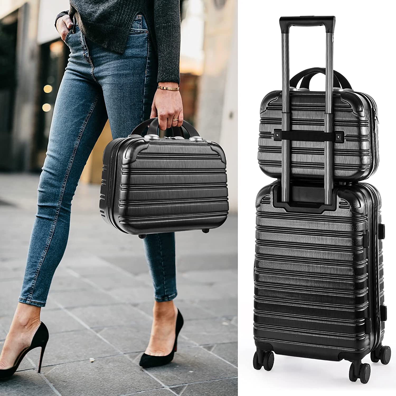 Hard Case Luggage 2 Piece Sets Carry On Luggage Lightweight With Spinner Wheels Rolling Suitcase 22x14x9 Airline Approved PC+ABS TSA Lock Hardshell Travel Carry On Hardside 14/20 Inch 2PCS,Black