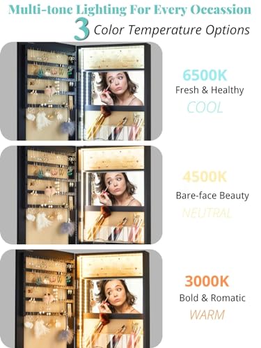 LUXFURNI Mirror Jewelry Cabinet Wall-Mount/Door-Hanging Armoire, Full length Mirror Lockable Makeup Storage Organizer w/Cosmetic Box (Black)
