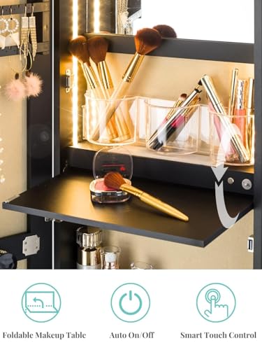 LUXFURNI Mirror Jewelry Cabinet Wall-Mount/Door-Hanging Armoire, Full length Mirror Lockable Makeup Storage Organizer w/Cosmetic Box (Black)