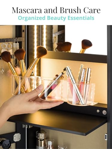 LUXFURNI Mirror Jewelry Cabinet Wall-Mount/Door-Hanging Armoire, Full length Mirror Lockable Makeup Storage Organizer w/Cosmetic Box (Black)