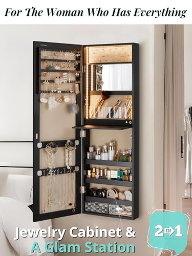 LUXFURNI Mirror Jewelry Cabinet Wall-Mount/Door-Hanging Armoire, Full length Mirror Lockable Makeup Storage Organizer w/Cosmetic Box (Black)
