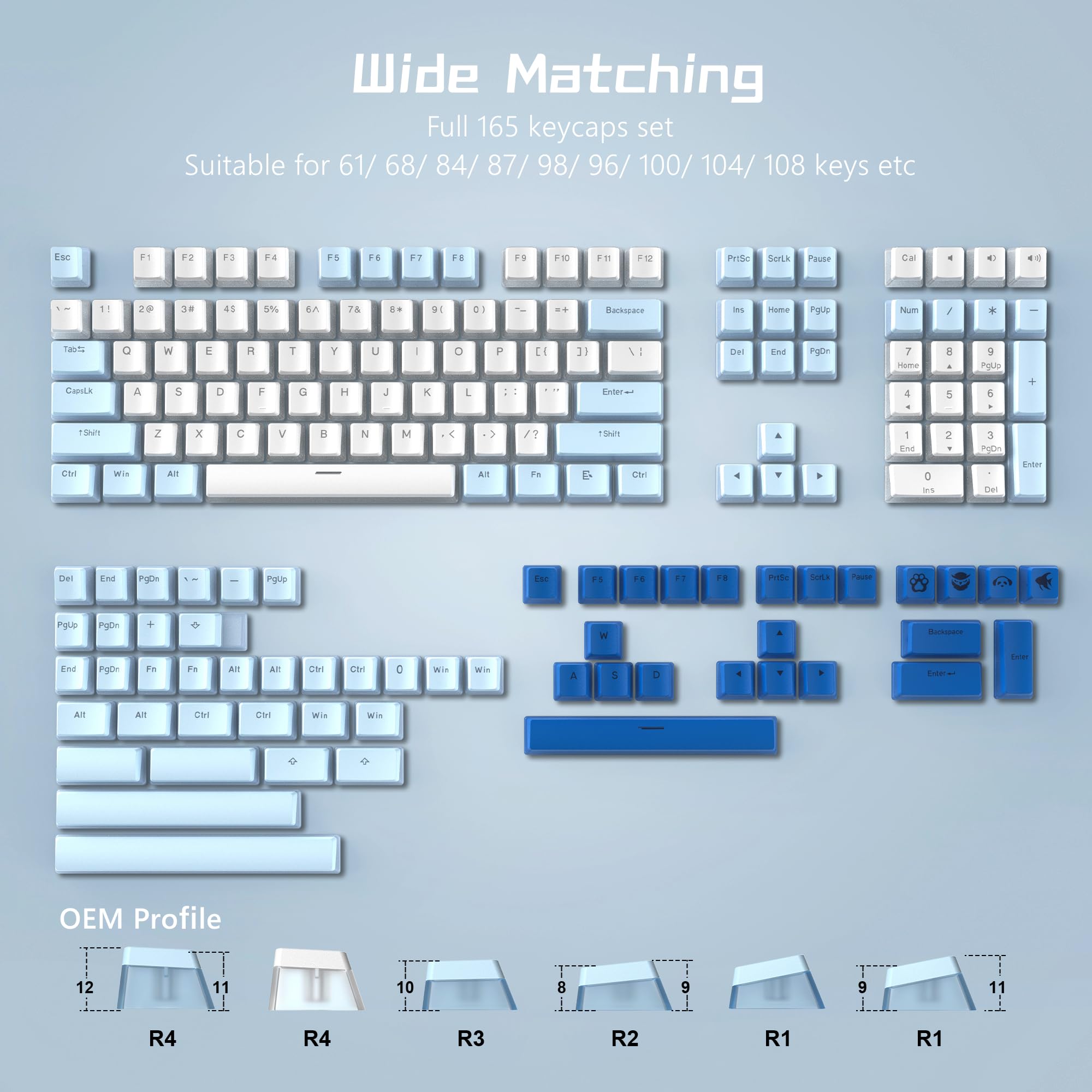 Womier Pudding Keycaps - PBT Keycaps, Shine Through Keycaps, 165 Keys Keycaps Set, Custom Keycaps for 61/68/84/87/82/100 Cherry Gateron MX Switches Mechanical Keyboard, Blue/White