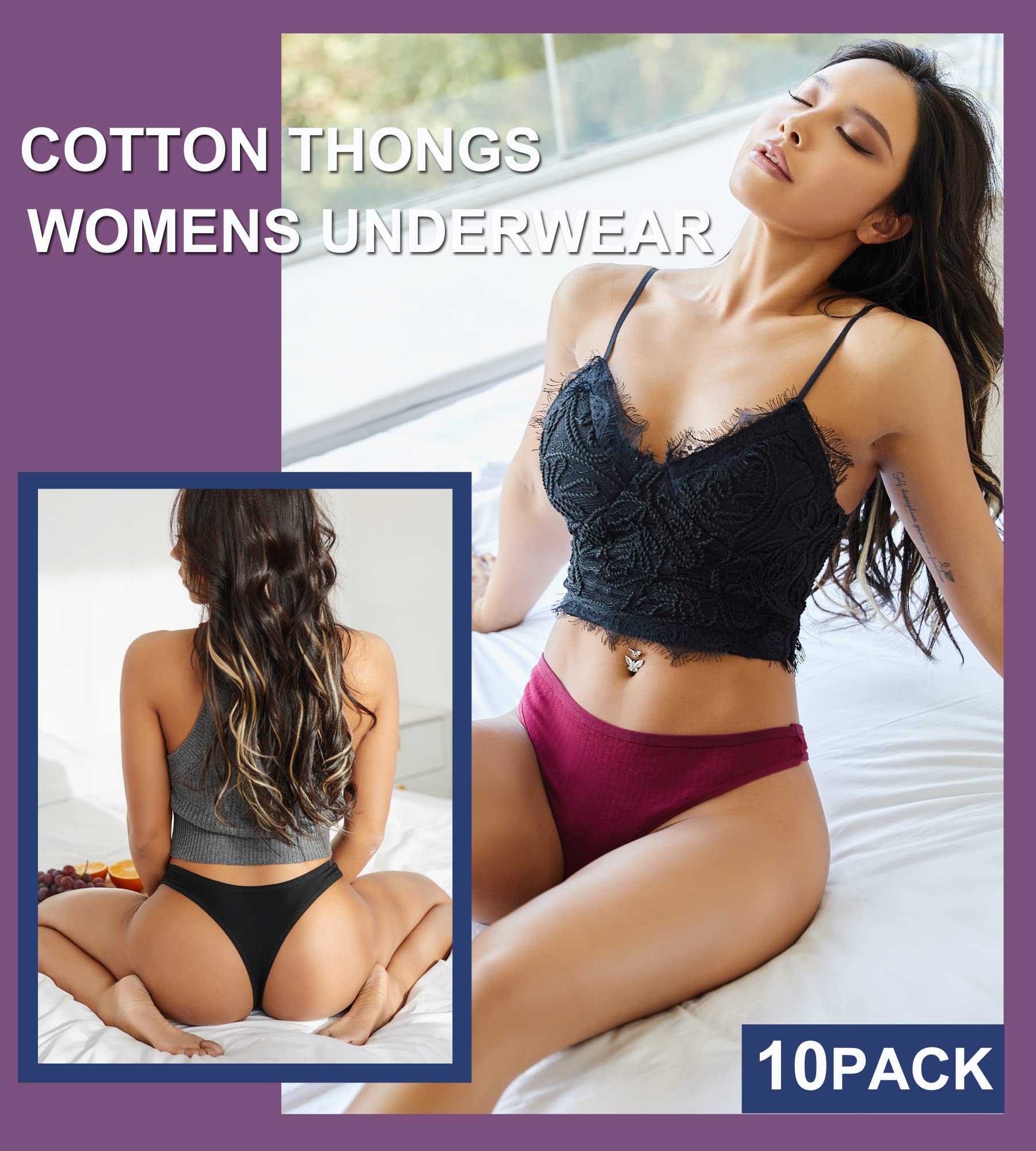 FINETOO 10 pack Cotton Thongs for Women Breathable Low Rise Bikini Lady Panties Womens Underwear Sexy S-XL