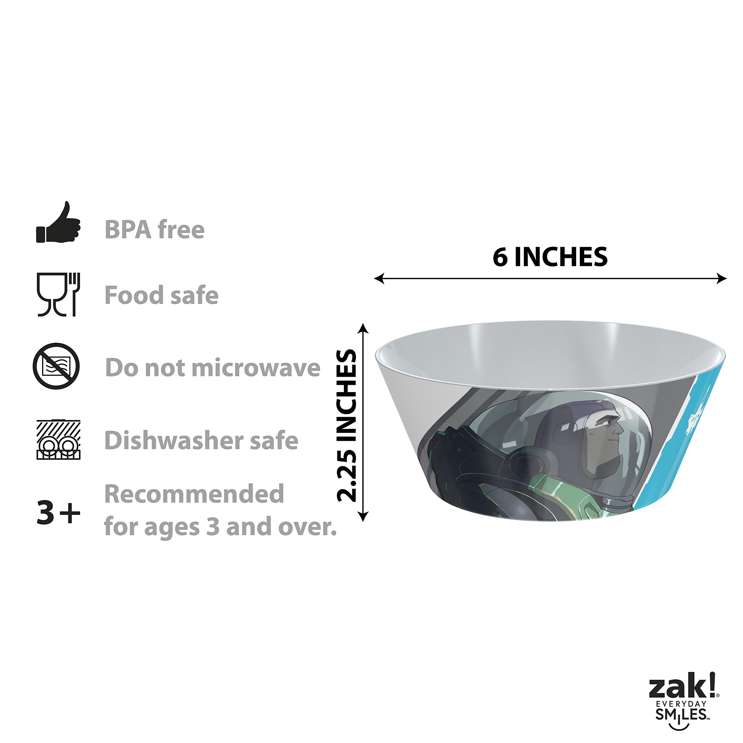 zak! Disney and Pixar Lightyear - 5-Piece Dinnerware Set - Durable Plastic & Stainless Steel - Includes Water Bottle, 8-Inch Plate, 6-Inch Bowl, Fork & Spoon - Suitable for Kids Ages 3+