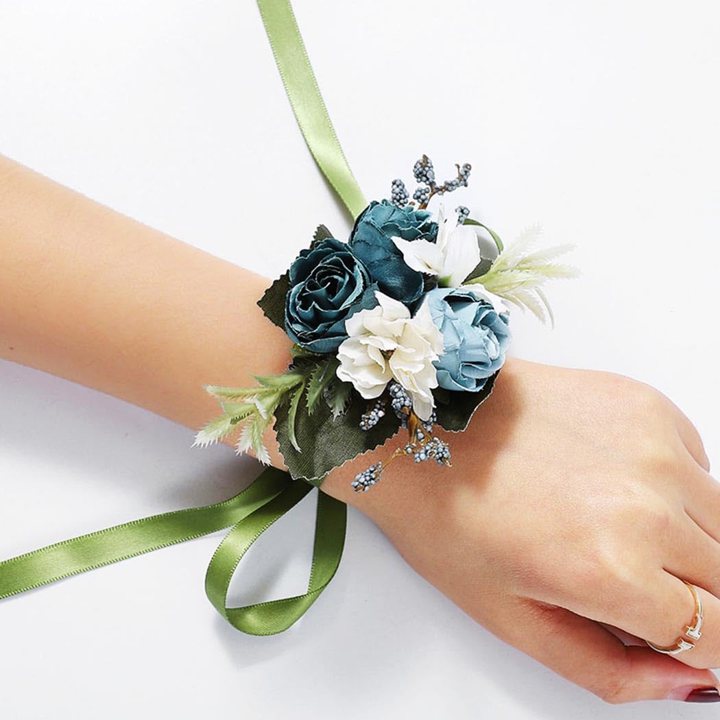 Yean Rose Bride Wedding Wrist Corsage Bridal Hand Flowers Wristlet Bridesmaid Ribbon Corsages Accessories for Women and Girls (Blue)