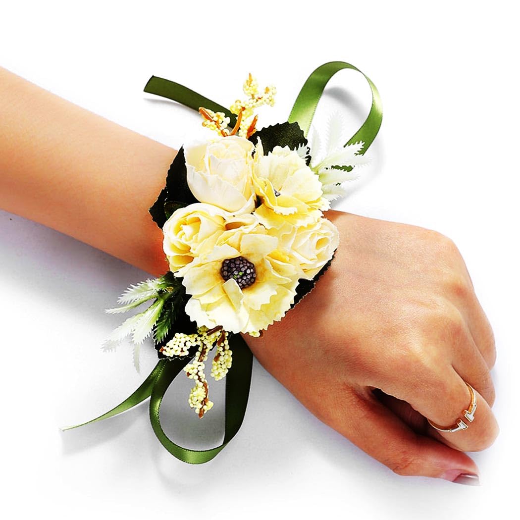 Yean Flower Wedding Wrist Corsage Ivory Prom Corsage Ribbon Bracelets for Bride and Bridesmaios